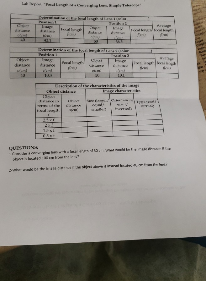 Solved Lab Report "Focal Length of a Converging Lens. Simple | Chegg.com