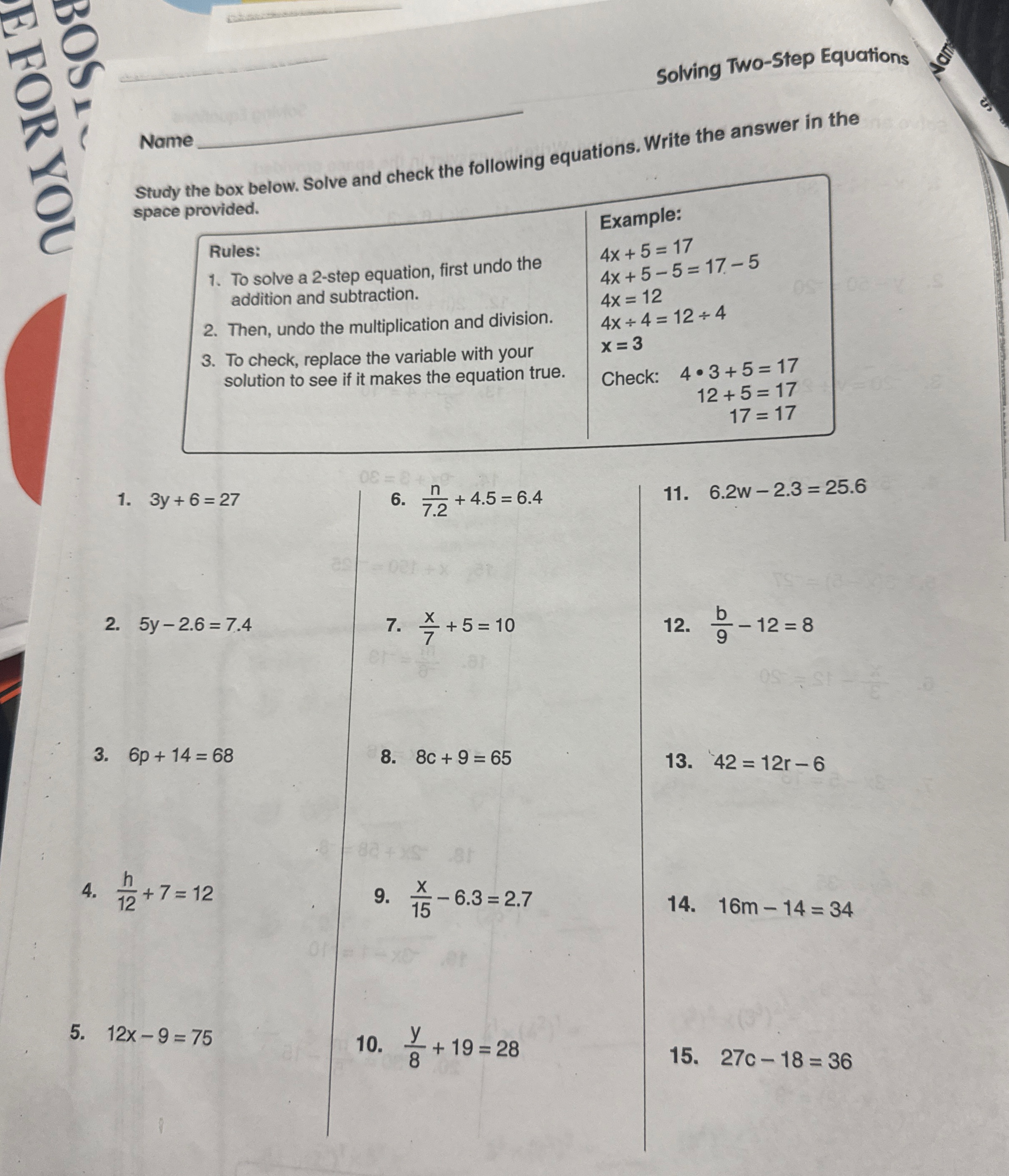 Solving Two-Step EquationsNameStudy the box below. | Chegg.com