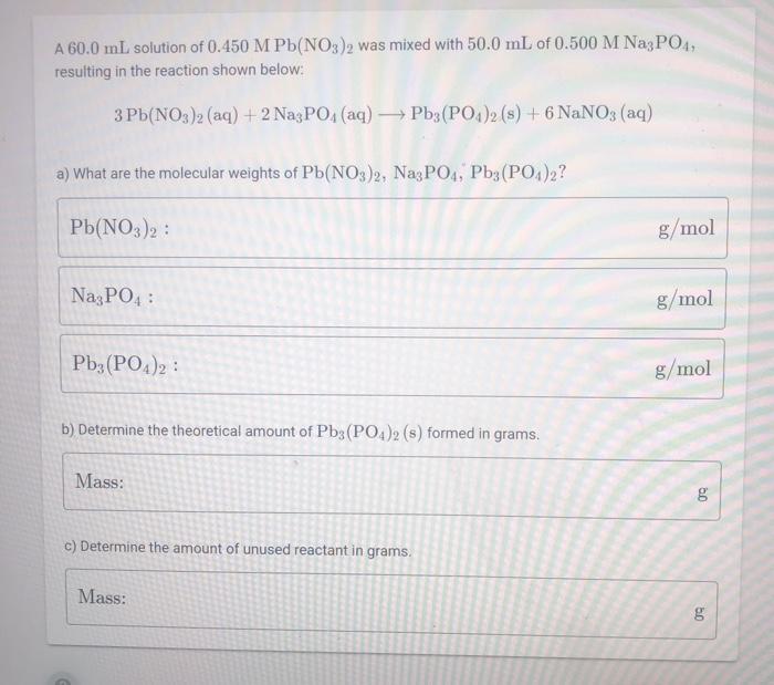 Solved A 60.0 mL solution of 0.450 M Pb(NO3)2 was mixed with | Chegg.com