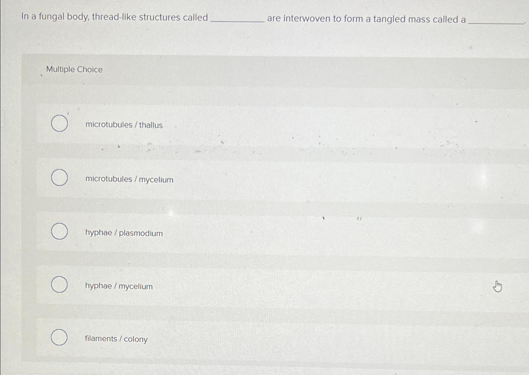 Solved In a fungal body, thread-like structures called are | Chegg.com