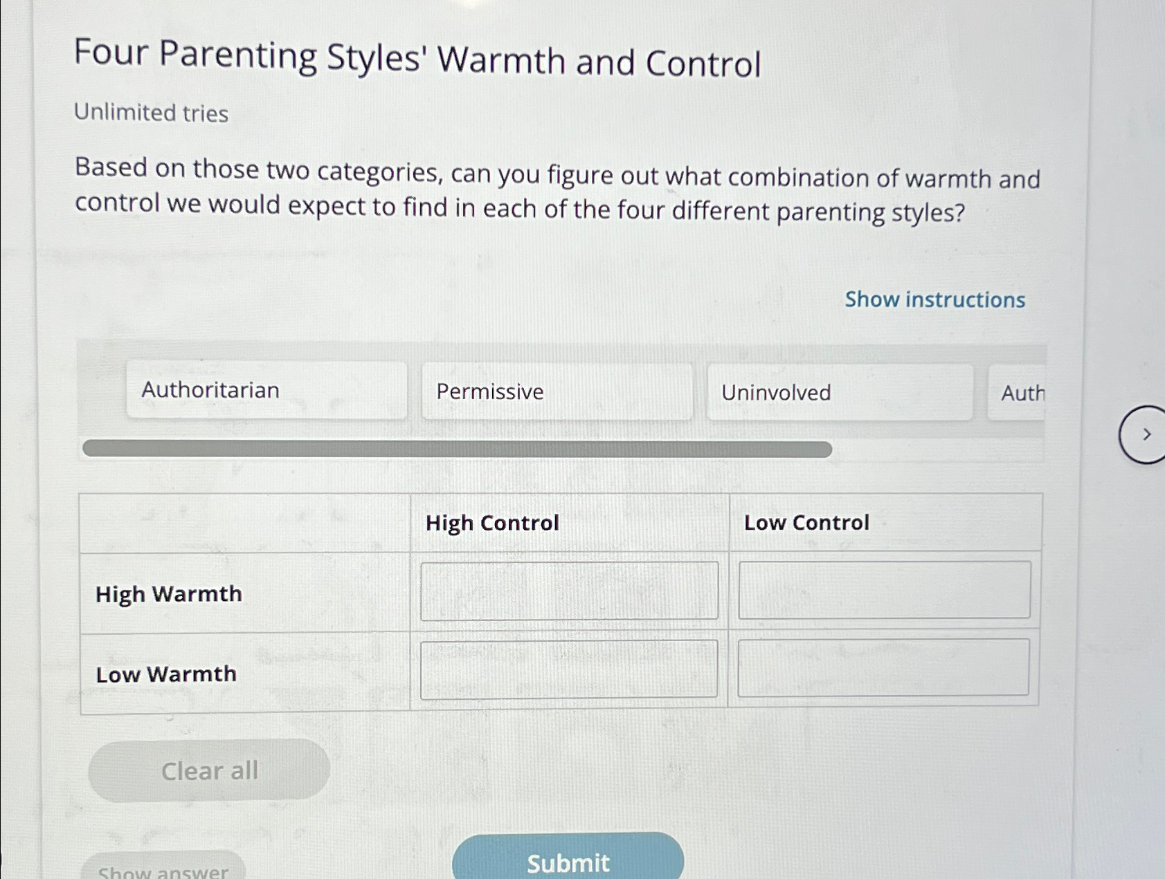 Solved Four Parenting Styles' Warmth and ControlUnlimited | Chegg.com