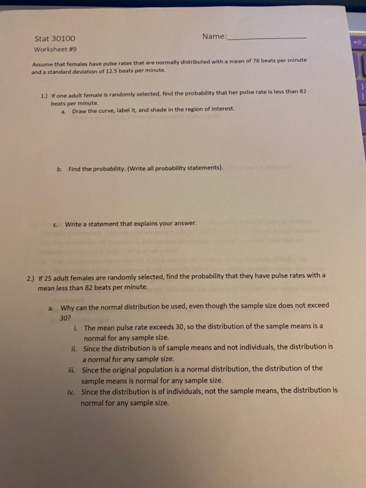 Solved Name: Stat 30100 Worksheet #9 Assume that females | Chegg.com