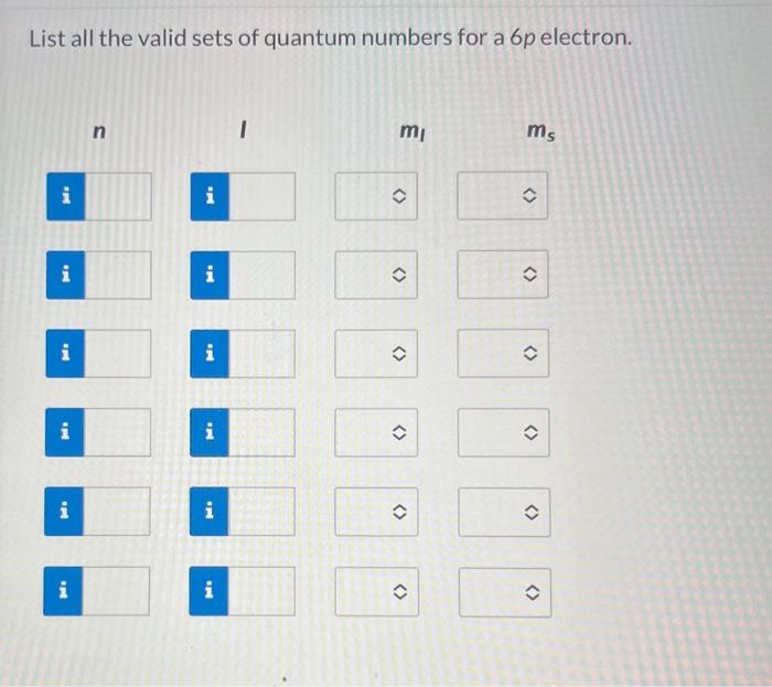 Solved List all the valid sets of quantum numbers for a 6p | Chegg.com