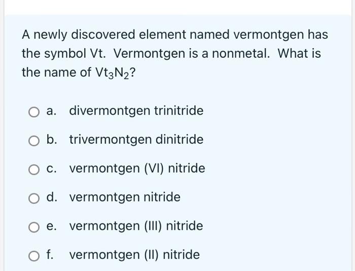 Solved A newly discovered element named vermontgen has the | Chegg.com