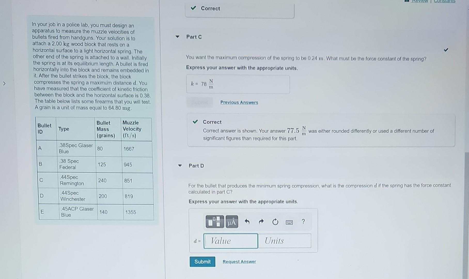 Solved Part D For the bullet that produces the minimum | Chegg.com