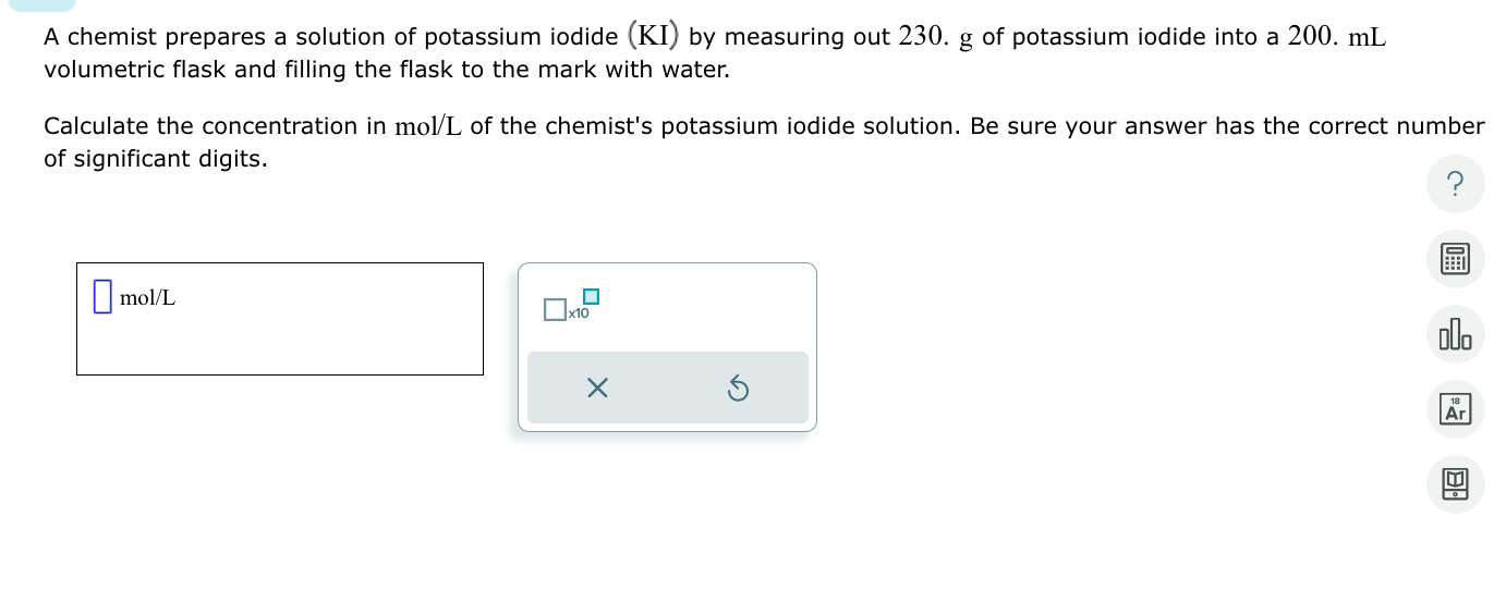 Solved A chemist prepares a solution of potassium iodide | Chegg.com