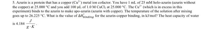 Solved 5. Azurin is a protein that has a copper (Cu2+) metal | Chegg.com