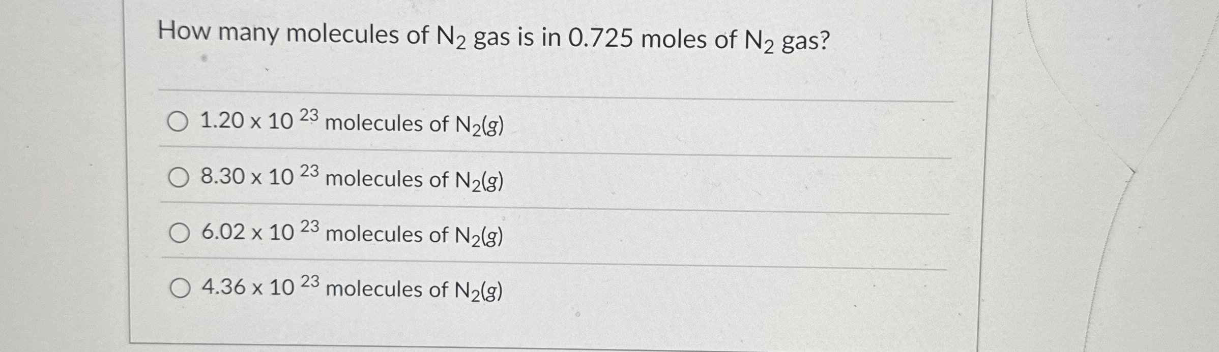 Solved How many molecules of N2 ﻿gas is in 0.725 ﻿moles of | Chegg.com