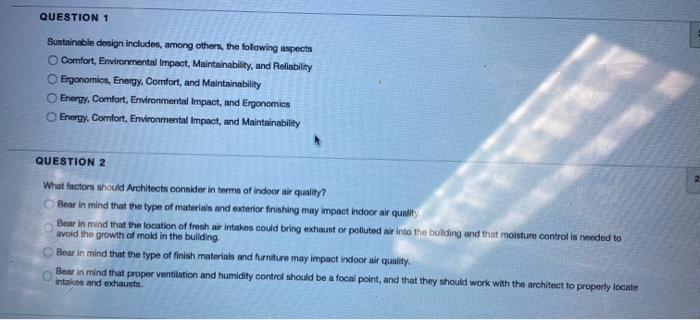 Solved QUESTION 1 Sustainable design includes, among others, | Chegg.com
