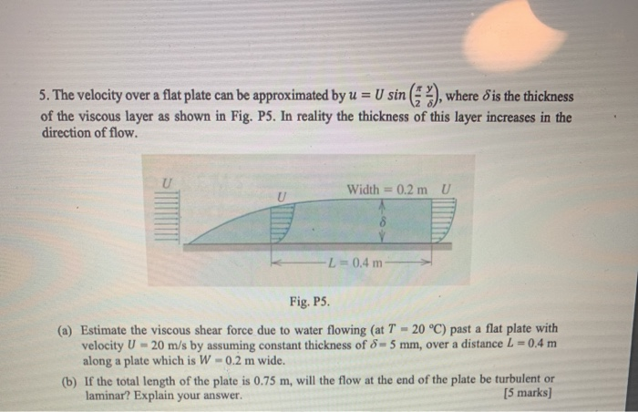 Solved 5. The velocity over a flat plate can be approximated | Chegg.com