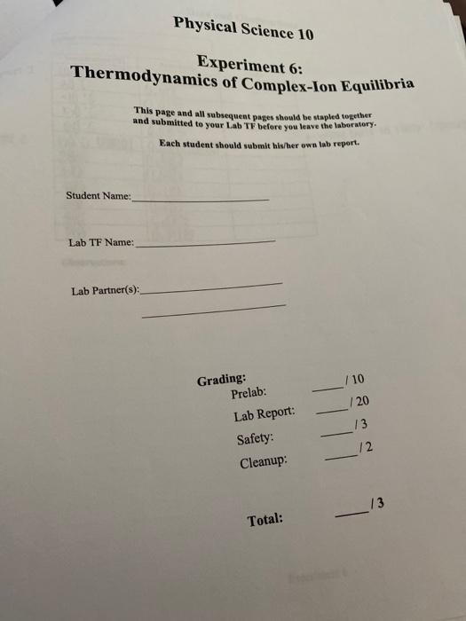 Physical Science 10 Experiment 6: Thermodynamics of | Chegg.com