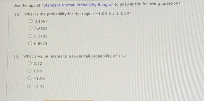 Solved Use the applet "Standard Normal Probability Ranges" | Chegg.com