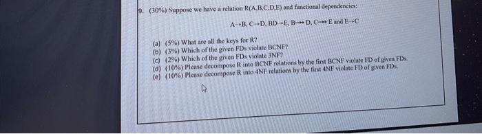 Solved (30\%) Suppose we have a relation R(A,B,C,D,E) and | Chegg.com