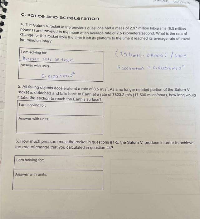 Solved C. Force and acceleration 4. The Saturn V rocket in | Chegg.com