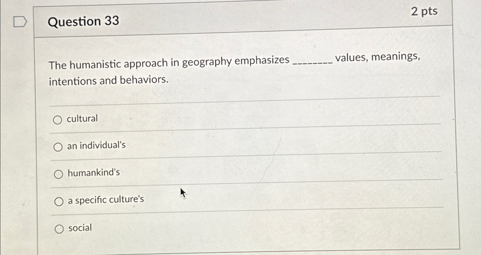 Solved Question 332 ﻿ptsThe humanistic approach in geography | Chegg.com