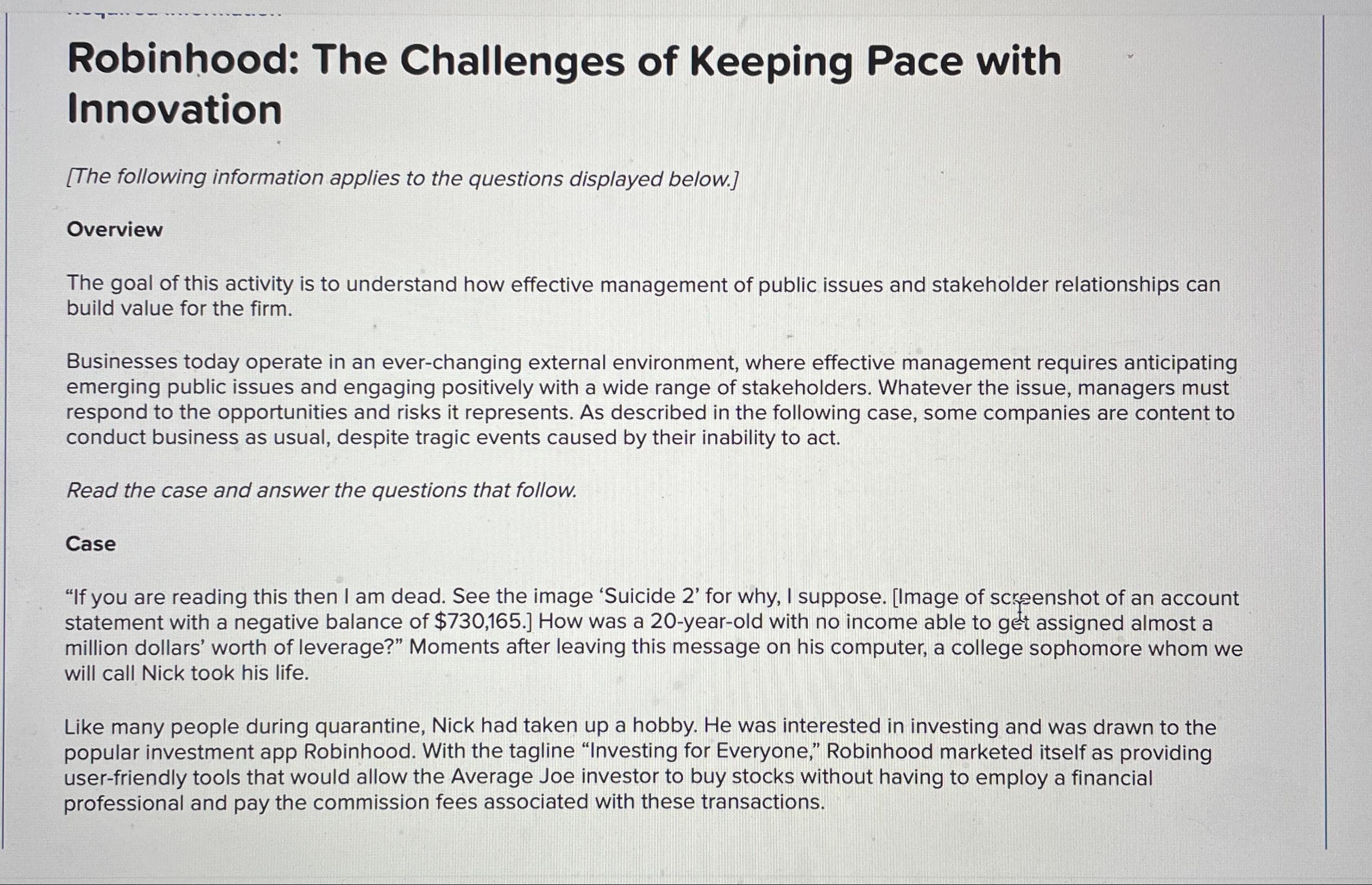 Solved Robinhood: The Challenges of Keeping Pace with | Chegg.com
