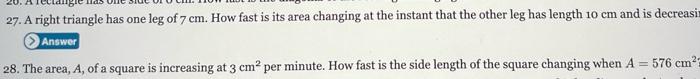 Solved 27 A Right Triangle Has One Leg Of 7 Cm How Fast Is Chegg
