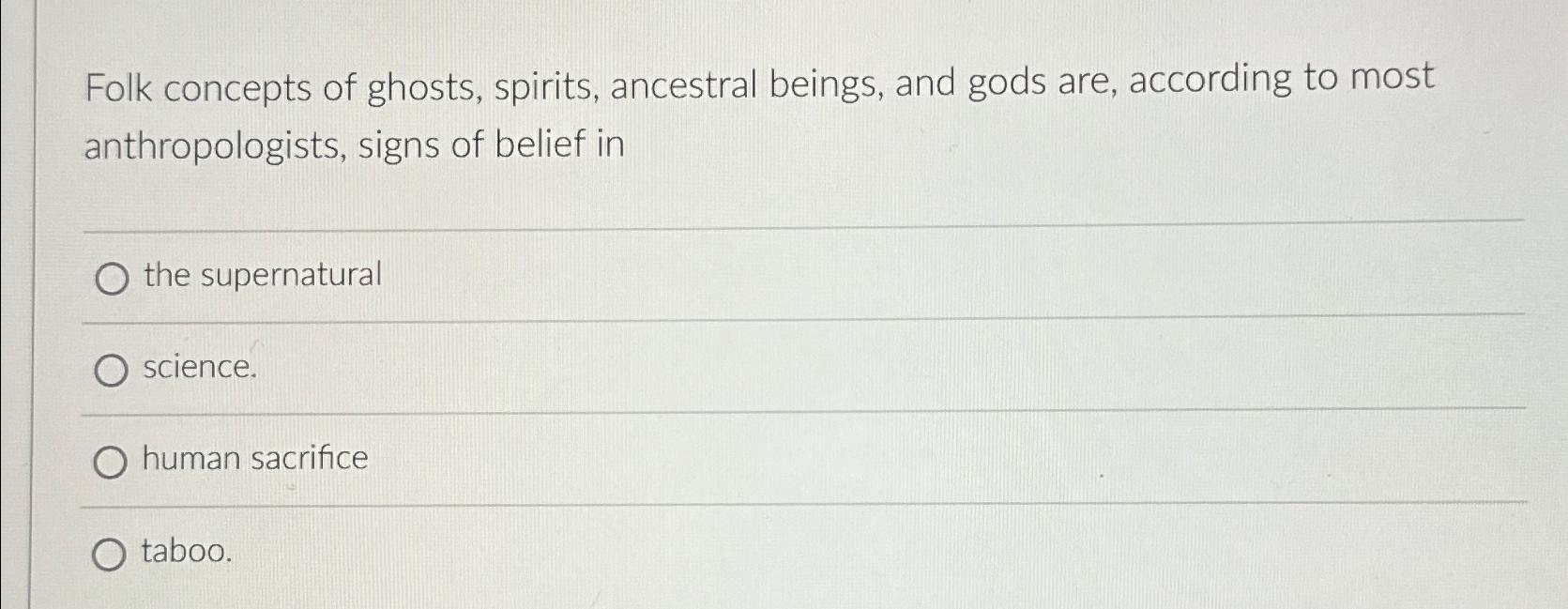 Solved Folk concepts of ghosts, spirits, ancestral beings, | Chegg.com