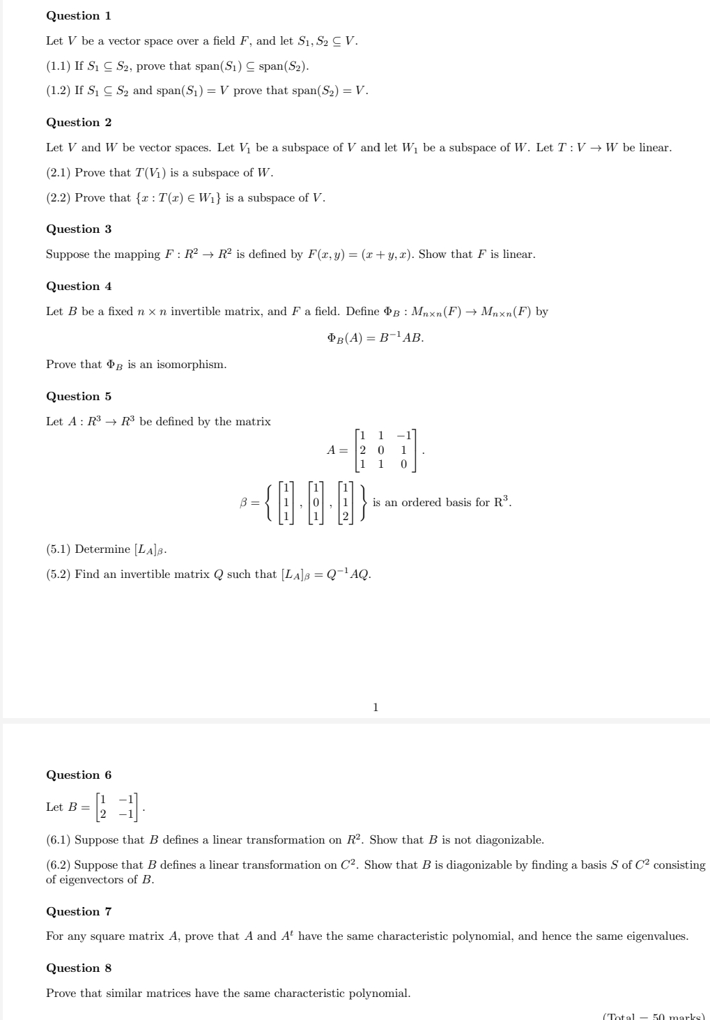 Solved Question 1Let V ﻿be a vector space over a field F, | Chegg.com
