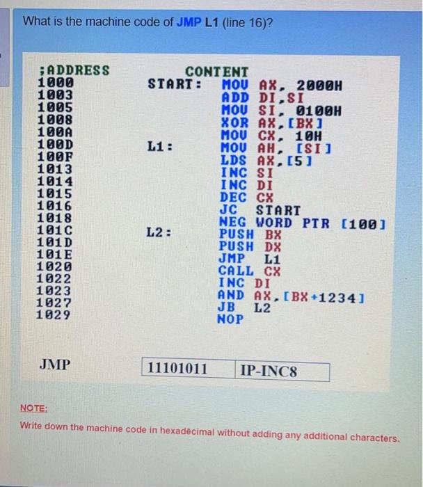 Solved What is the machine code of JMP L1 (line 16)? ; | Chegg.com