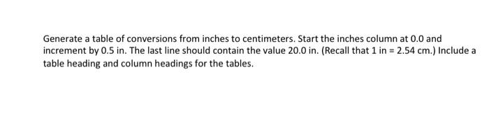 Solved Generate a table of conversions from inches to | Chegg.com