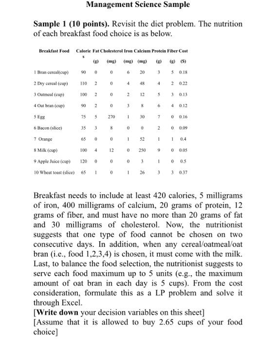 Sample 1 (10 points). Revisit the diet problem. The | Chegg.com
