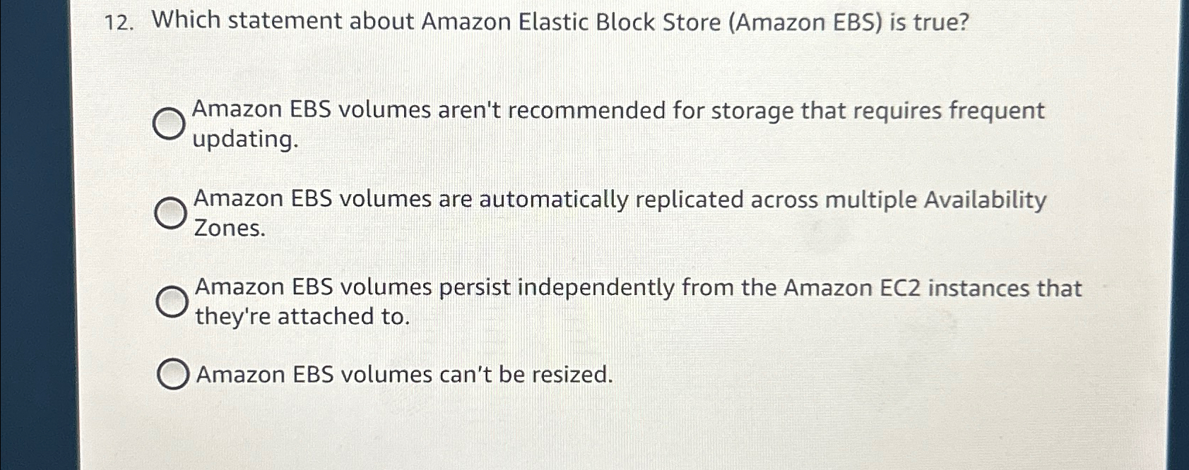 Solved Which statement about Amazon Elastic Block Store | Chegg.com