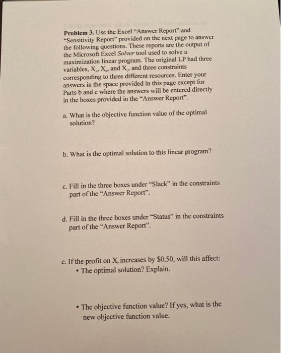 Problem 3. Use the Excel "Answer Report" and | Chegg.com