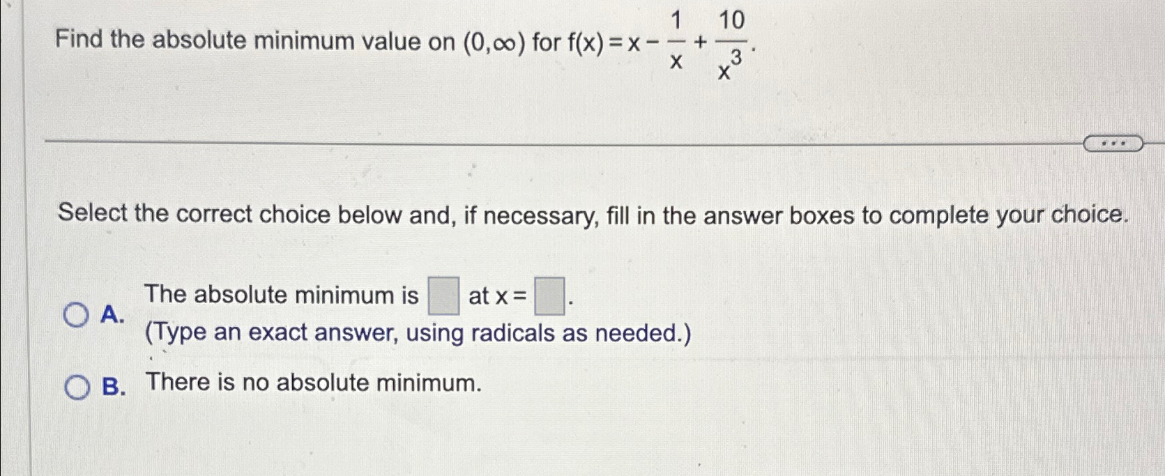 Solved Find the absolute minimum value on (0,∞) ﻿for | Chegg.com