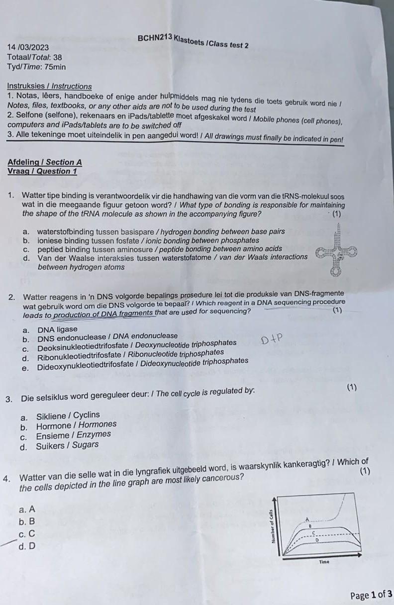14/03/2023 BCHN213 Klastoets / Class test 2 | Chegg.com