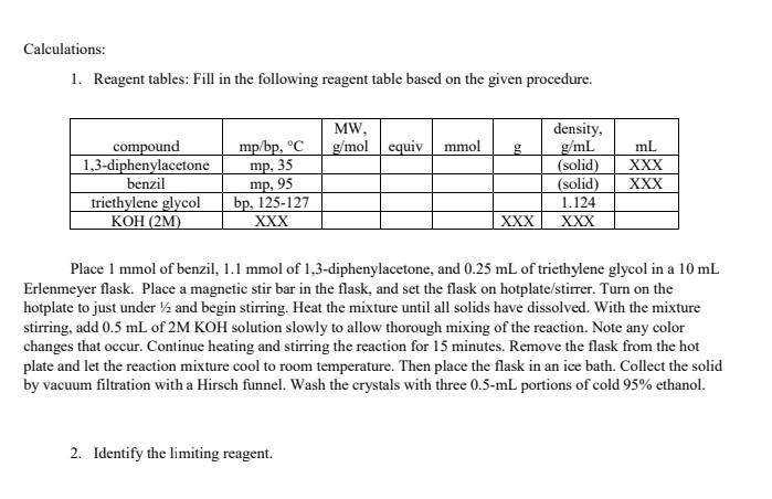 Solved Calculations: 1. Reagent tables: Fill in the | Chegg.com