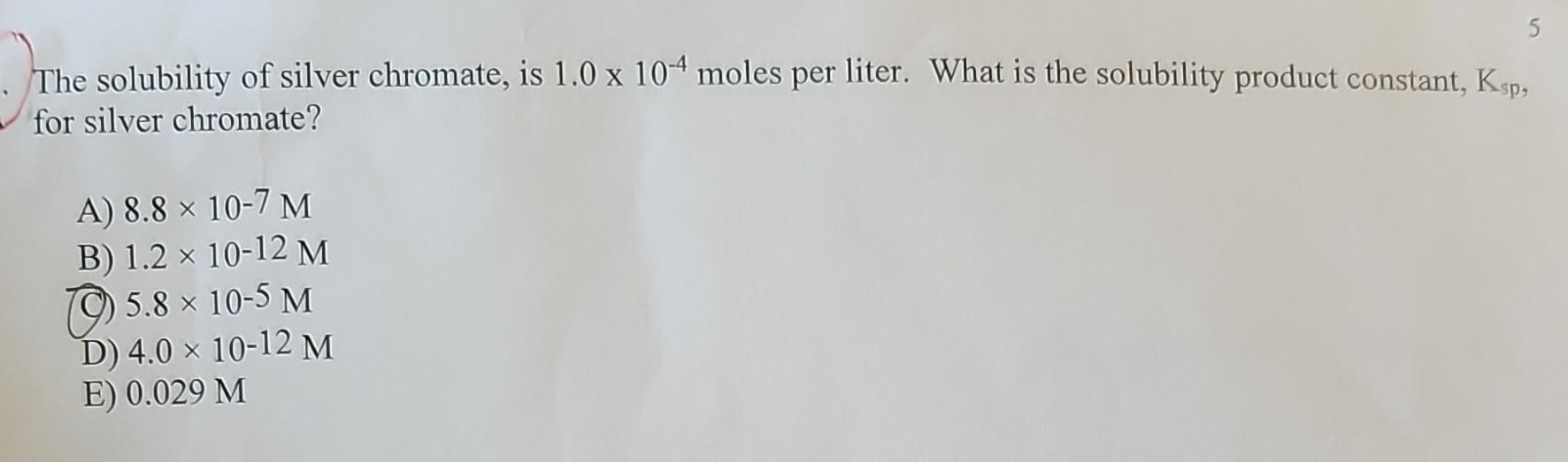 Solved The solubility of silver chromate, is 1.0×10−4 moles | Chegg.com