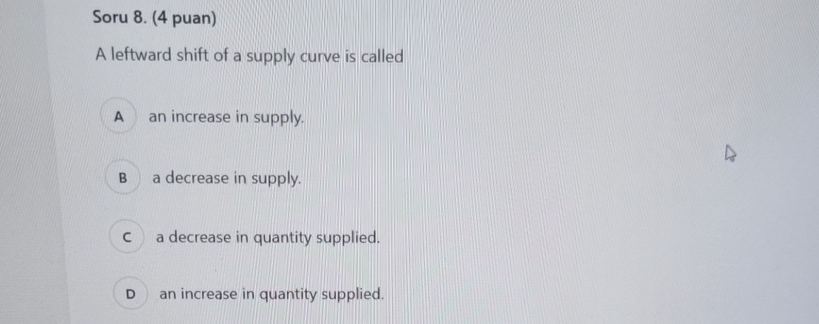 Solved Soru 8. (4 ﻿puan)A leftward shift of a supply curve | Chegg.com