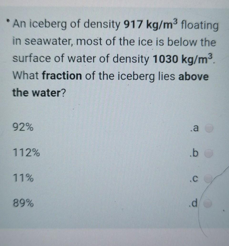 Solved An iceberg of density 917 kg/m3 floating in seawater, | Chegg.com