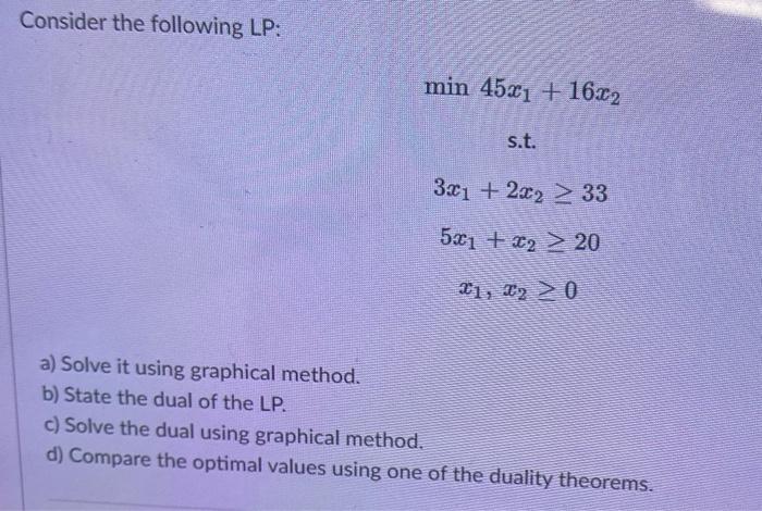 Solved Consider the following LP: min45x1+16x2 s.t. | Chegg.com