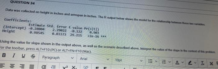 Solved Data was collected on height in inches and armspan in | Chegg.com