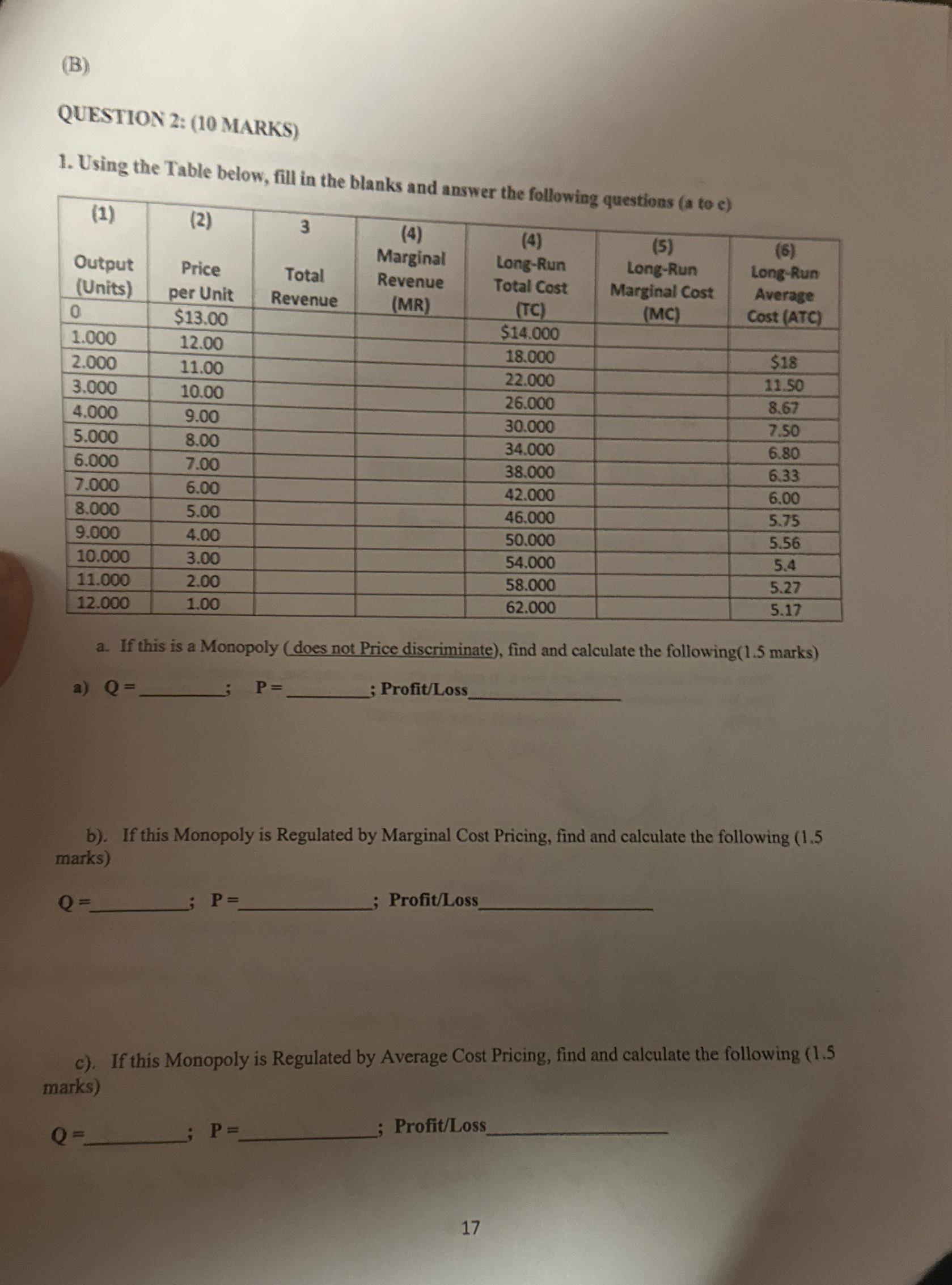 Solved (B)QUESTION 2: (10 ﻿MARKS)Using the Table below, fill | Chegg.com