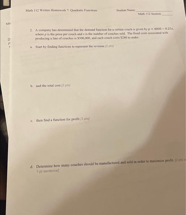 Solved Ma D P₁ S Math 112 Written Homework 7: Quadratic | Chegg.com