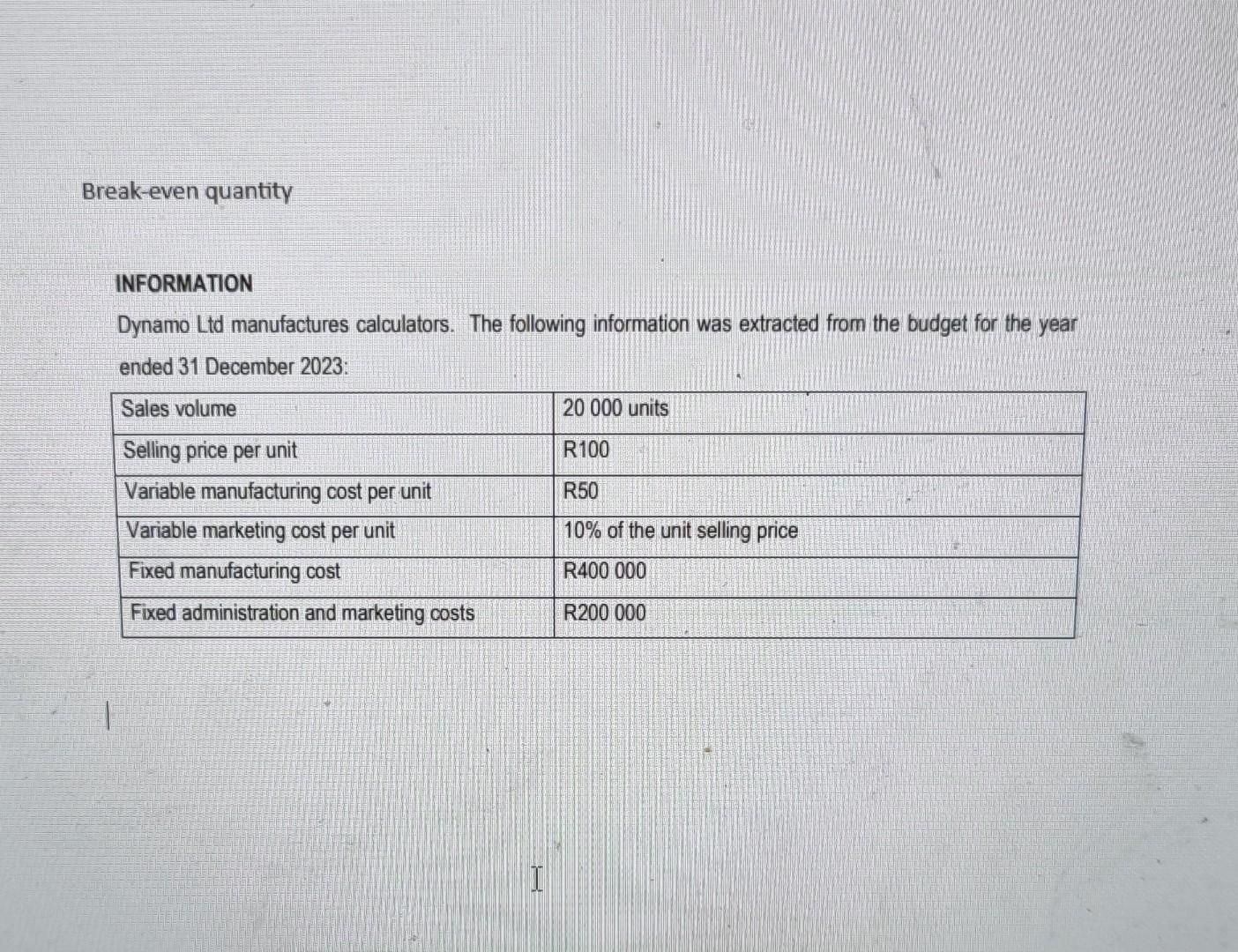 Solved Break-even quantity INFORMATION Dynamo Ltd | Chegg.com