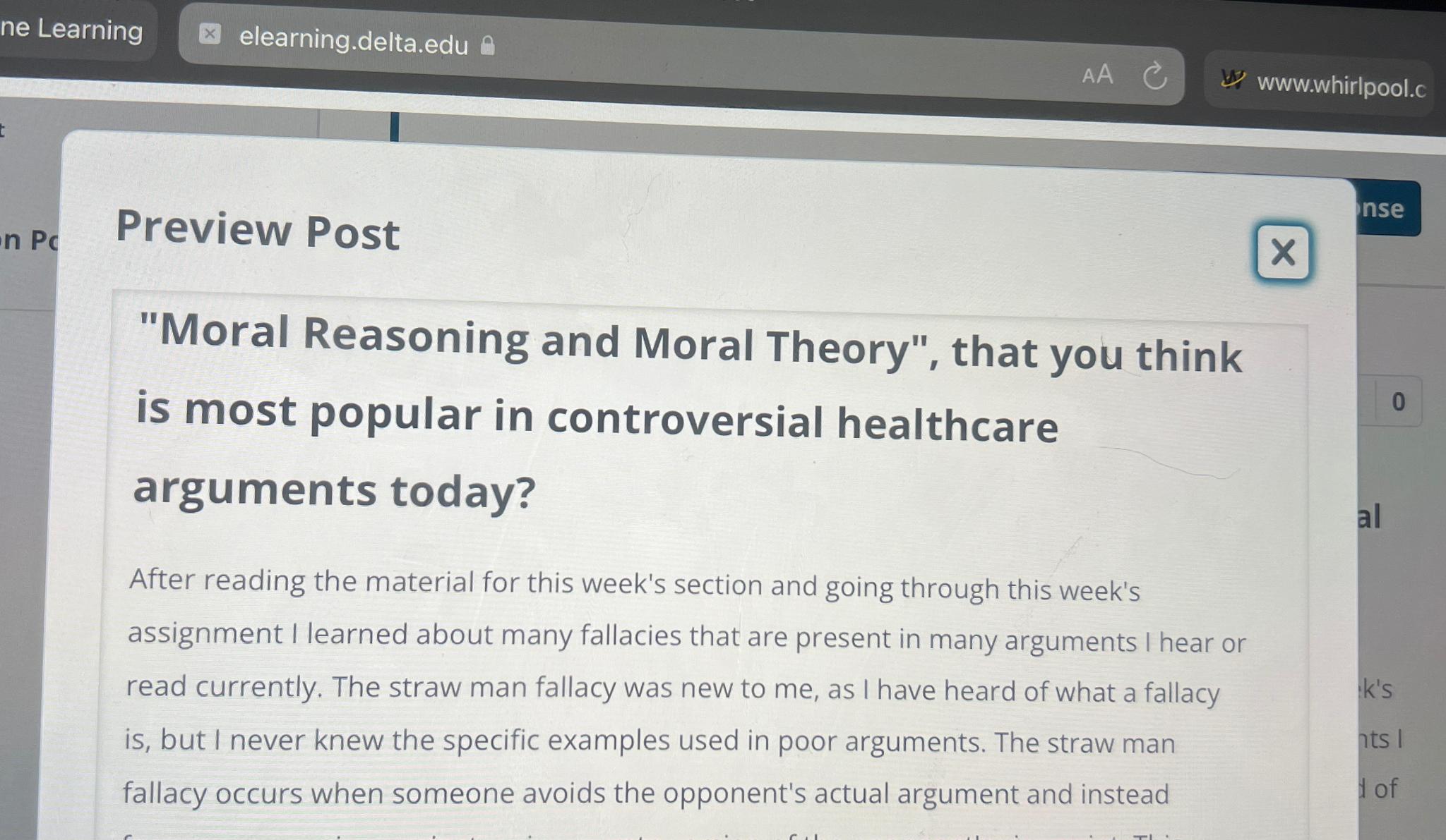 Solved Preview Post"Moral Reasoning and Moral Theory", that | Chegg.com
