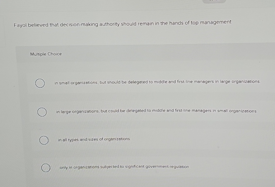 Solved Fayol believed that decision-making authority should | Chegg.com