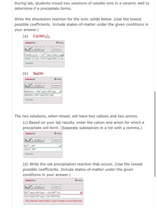 Solved During lab, students mixed two solutions of soluble | Chegg.com