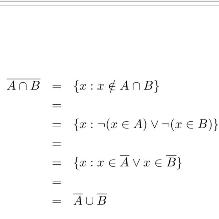 Solved ?bar (A∩B)={x:x!inA∩B}=={x:not(xinA)vvnot(xinB)}=={x: | Chegg.com