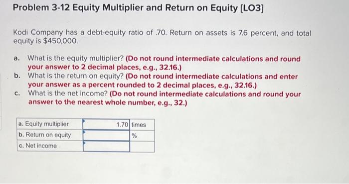 Solved Problem 3-12 Equity Multiplier and Return on Equity | Chegg.com