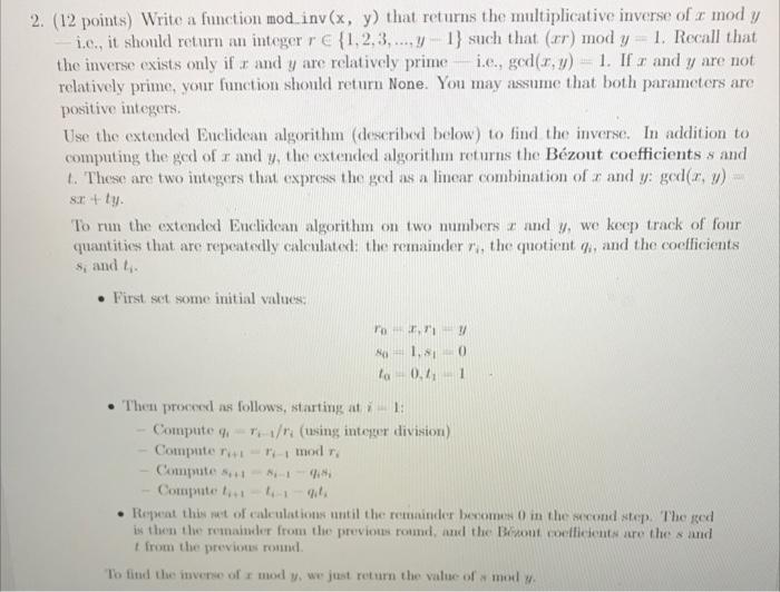 Solved (12 points) Write a function mod inv (x,y) that | Chegg.com