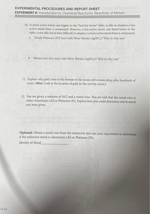 Solved EXPERIMENTAL PROCEDURES AND REPORT SHEET EXPERIMENT H | Chegg.com