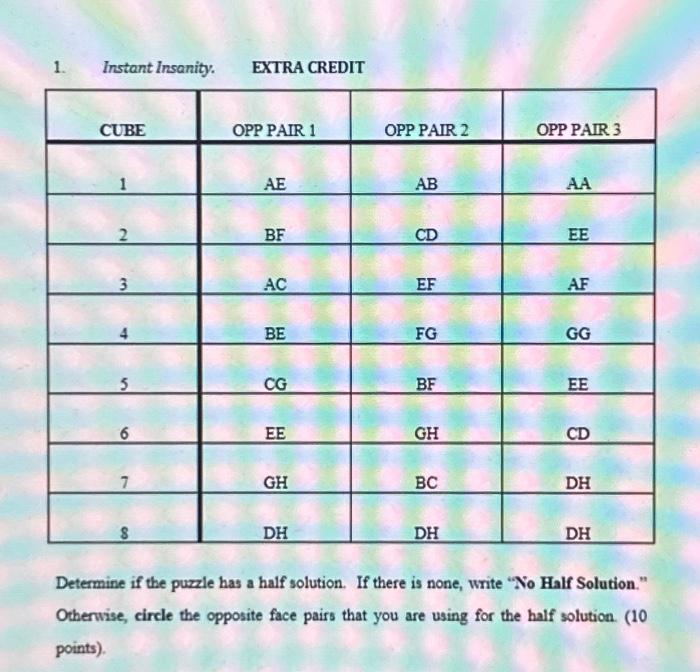 Solved 1. Instant Insanity. CUBE 1 2 3 6 7 8 EXTRA CREDIT | Chegg.com