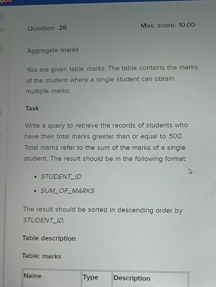 Solved Aggregate marks You are given table marks. The table | Chegg.com