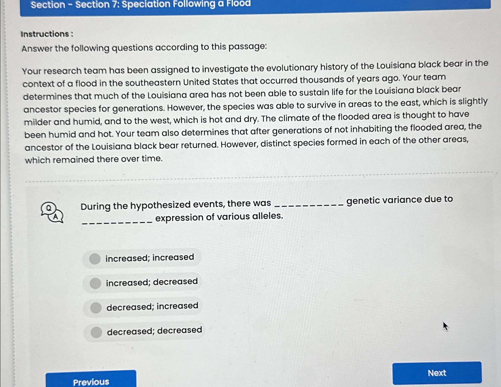 Solved Section - ﻿Section 7: Speciation Following a | Chegg.com