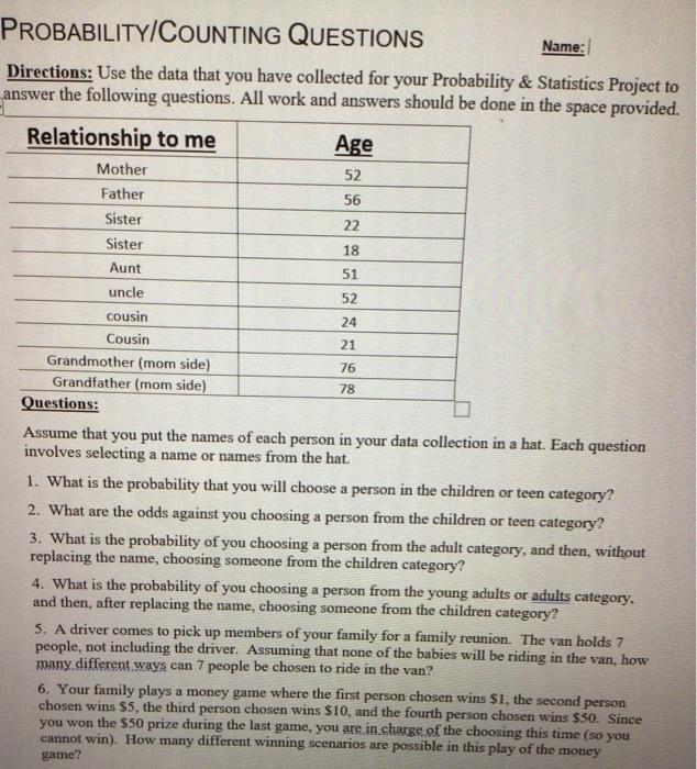 Solved PROBABILITY/COUNTING QUESTIONS Name: Directions: Use | Chegg.com
